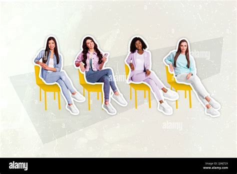 Collage Image Of Four Pretty Girls Sitting Chair Wait Queue Isolated On