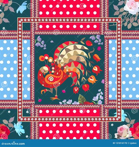 Seamless Patchwork Pattern With Fairy Peacock Bouquets Of Roses And