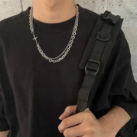 Stainless Steel Chain Necklace For Men Cross Pendant Double Layer Puck