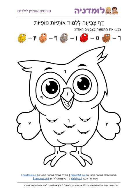 דף צביעה ינשוף לימוד אותיות סופיות בעברית לומדניה