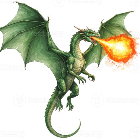Mythical Green Dragon Breathing Fire Fantasy Realm Digital Art