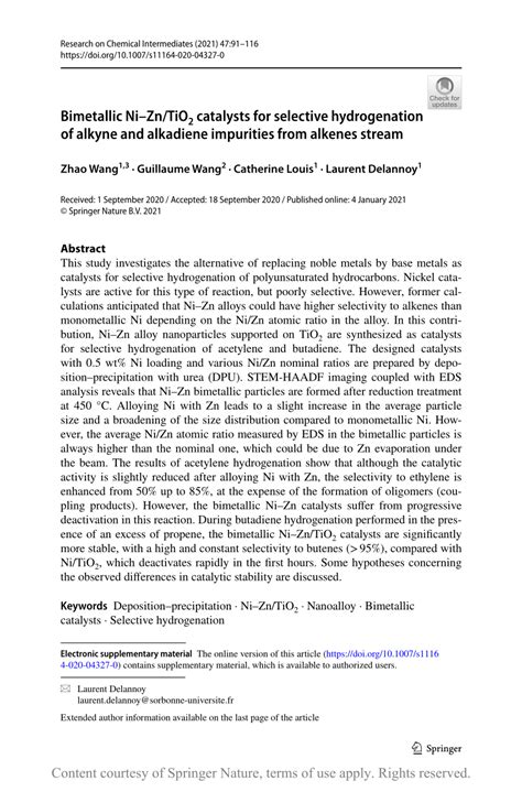 bimetallic ni zn tio2 catalysts for selective hydrogenation of alkyne