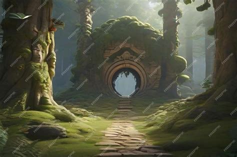 Concepto De Fantasía Que Muestra Una Antigua Puerta De Portal Dimensional Que Se Abre En La