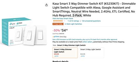 [amazon Ca] Kasa Smart 3 Way Dimmer Switch Kit Ks230kit Dimmable