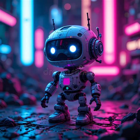 Tiny Robot In Futuristic City Stock Image Image Of Blue Character