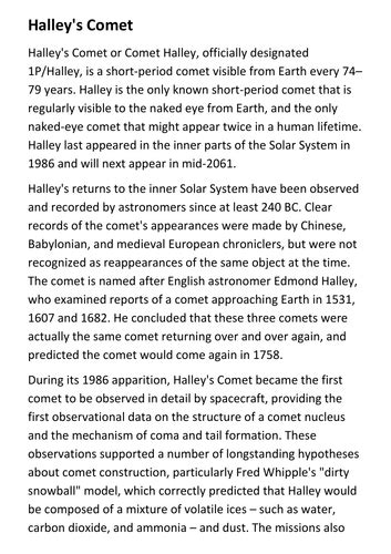 Halleys Comet Handout Teaching Resources
