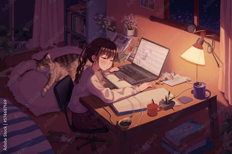 Cute Anime Girl Studying In Her Room Cozy Chill Lofi Vibes Stock