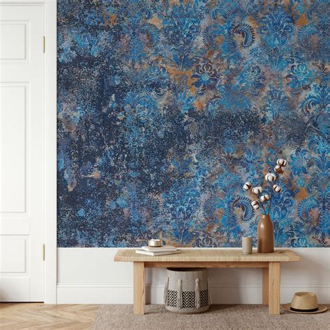 Grunge Damask Wall Rust Cobalt Wallpaper Happywall