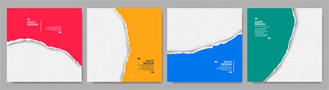 벡터 일러스트 레이 션 찢어진 종이 효과 컬러 배너 컬렉션 소셜 미디어 웹 템플릿 블로그 게시물에 대한 디자인 요소입니다 3d 그림자 효과가 있는 장식용 정사각형 크기