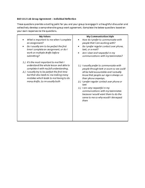 Bio Lab 1 Bio 1112 Lab Group Agreement Individual Reflection These