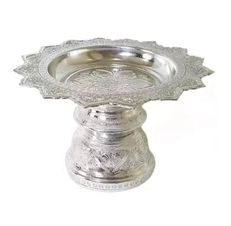 24 Cm Thai Sliver Coated Aluminum Traditional Tray With Pedestal For Worship Tika Thali