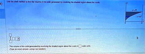 solved use the shell method o ind che voiume o the solld generaled by evoling the shaded region