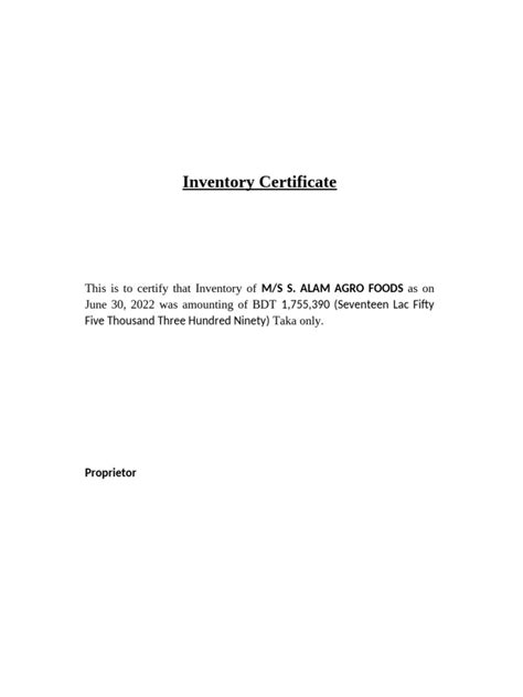 Inventory Certificate For S Alam Agro Foods Pdf