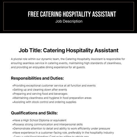 Free Catering Hospitality Assistant Job Description Template To Edit Online