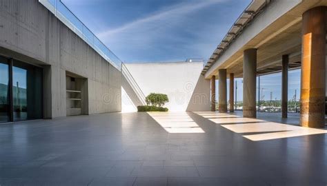 A Sunlit Concrete Terrace With A Lone Tree Glass Walls And A View