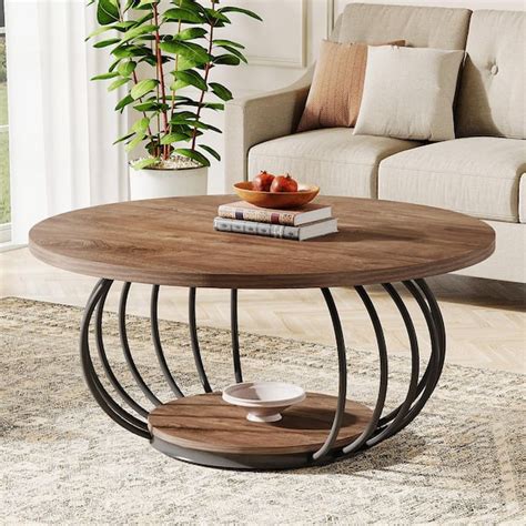 Byblight Kerlin 39 In Brown Round Wood Coffee Table With Storage Shelf