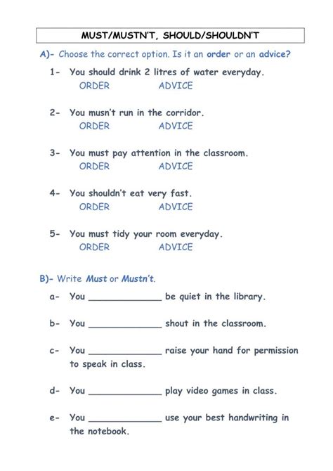 Must And Should Interactive Worksheet Should Must Worksheet Giving