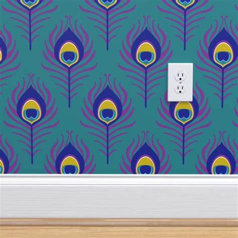 Peacock Wallpaper Peacock Feather Teal By Coggon Roz Etsy