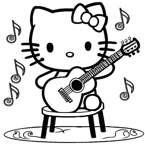 Hello Kitty Playing Guitar With Musical Notes Coloring Page Lulu Pages