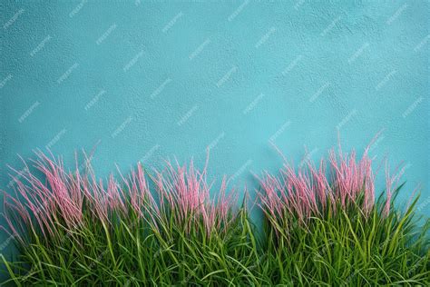 Minimalist Seamless Pattern Of Green And Blue Grass Texture With Pink