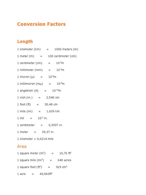 Conversion Factors Chart For Length Area Volume Mass And More Pdf