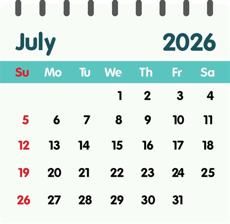 July 2026 Calender Sunday Start Isolated On A White Background