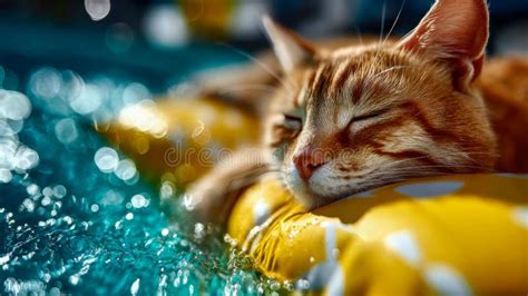 Orange Tabby Cat Peacefully Napping On A Yellow Float In A Sparkling