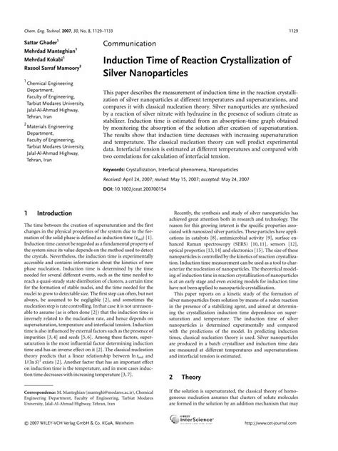 Pdf Induction Time Of Reaction Crystallization Of Silver