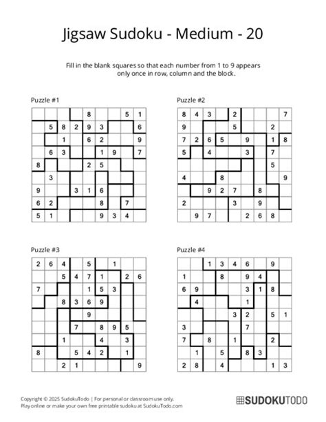 Medium Jigsaw Sudoku Puzzles Printable