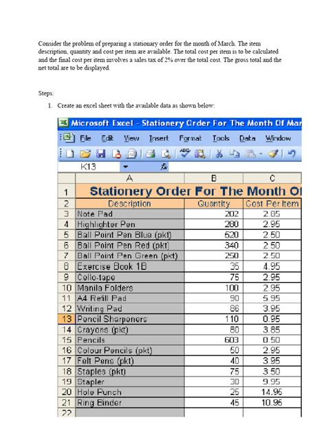 Excel Practice Sheet Total Cost And Vat Pdf Teaching Methods