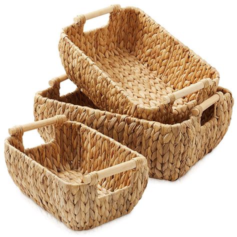 Casafield 3 Piece Oval Storage Baskets With Wood Handles Small Medium Large Wicker Bins