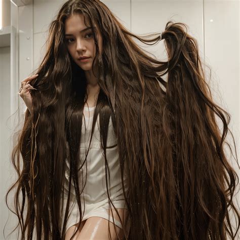 Arafed Woman With Long Brown Hair In A Bathroom Seaart Ai