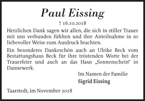 Traueranzeigen Von Paul Eissing Sh Z Trauer