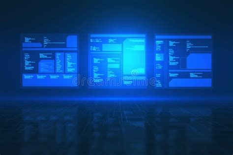 floating digital screens with code on a neon cyberspace background