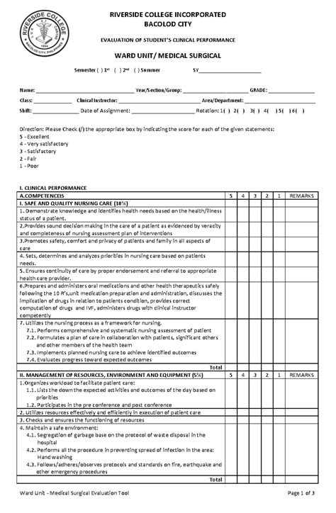 Ward Unit Medical Surgical Evaluation Tool 1 Riverside College