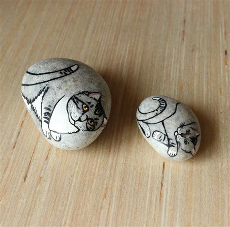 Painted Rock Cartoon Cats Natural Gray Stone Etsy