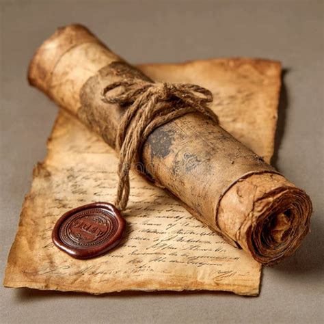 Ancient Scroll Tied With Twine On Aged Paper With Wax Seal Mark Stock