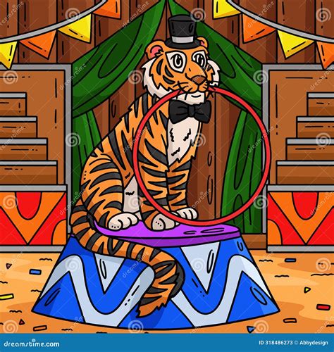Circus Tiger Biting A Hula Hoop Cartoon Clipart Vector Illustration