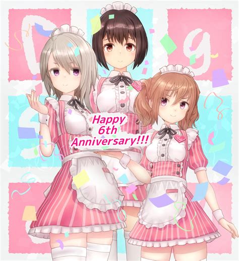 Safebooru 3girls Ahoge Alice Gear Aegis Anniversary Apron Black Hair