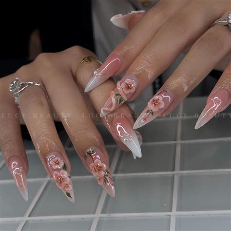 3d Flower Pink Long Almond Nails Floral Handmade Gel False Nails