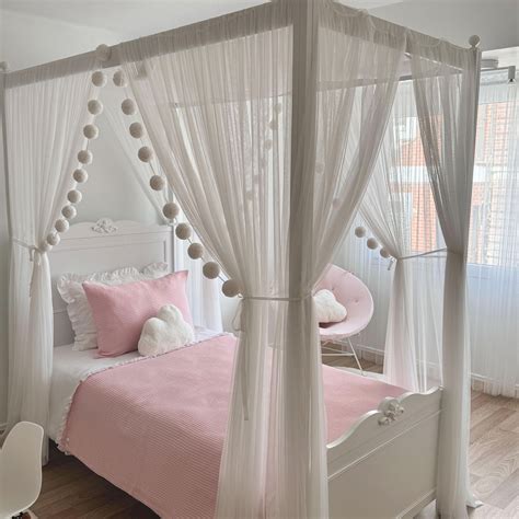 Deluxe White Canopy Bed Poster Bed Full Curtains Montessori Bed
