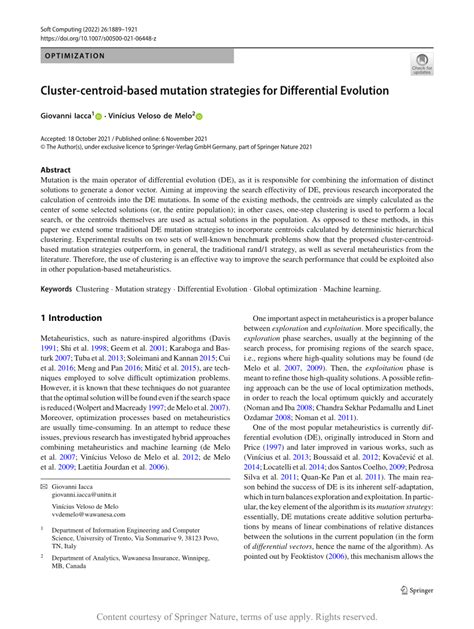 Cluster Centroid Based Mutation Strategies For Differential Evolution Request Pdf