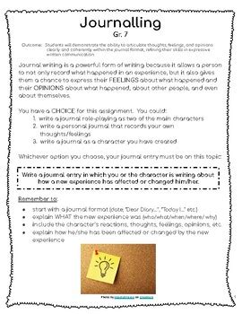 Journaling Gr 7 By The Dragonfly Teacher Tpt
