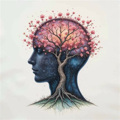 Flourishing Mind With Blooming Tree Inside Head Silhouette Stock