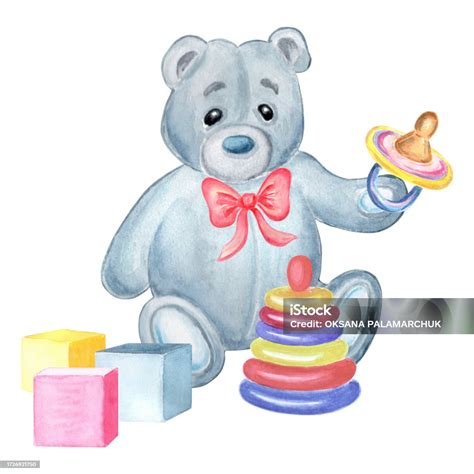 젖꼭지 큐브 피라미드 어린이 장난감 수채화 그림이 있는 빨간 활에 테디베어는 디자인 초대장 장식 스티커 만들기 자수 구성표 및 직물을 위해 흰색 배경에 손으로 그린