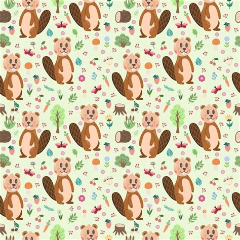 Seamless Cute Pattern With Beaver And Forest Elements Log Flowers Trees