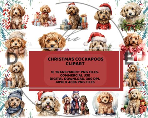Christmas Cockapoo Clipart Set 16 Watercolor Illustrations Commercial