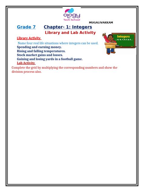 Library Lab Activity Integers Pdf