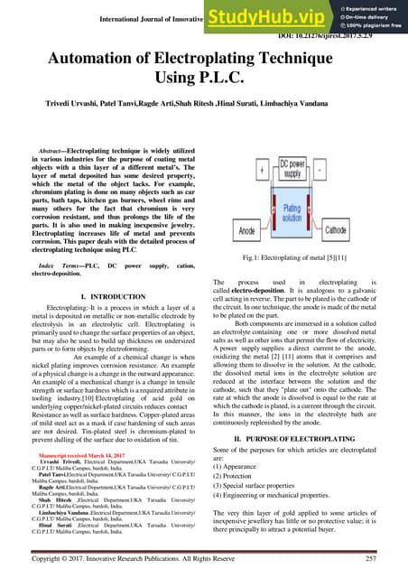 Automation Of Electroplating Technique Using Plc Pdf