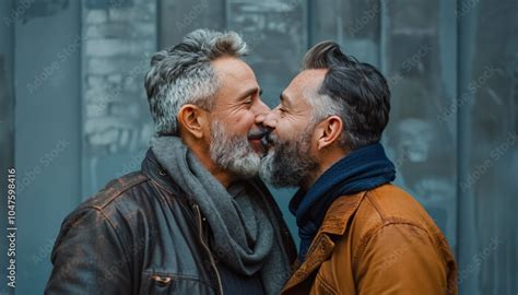 Two Senior Gay Men Hugging And Kissing On Mature Adult Romantic Love